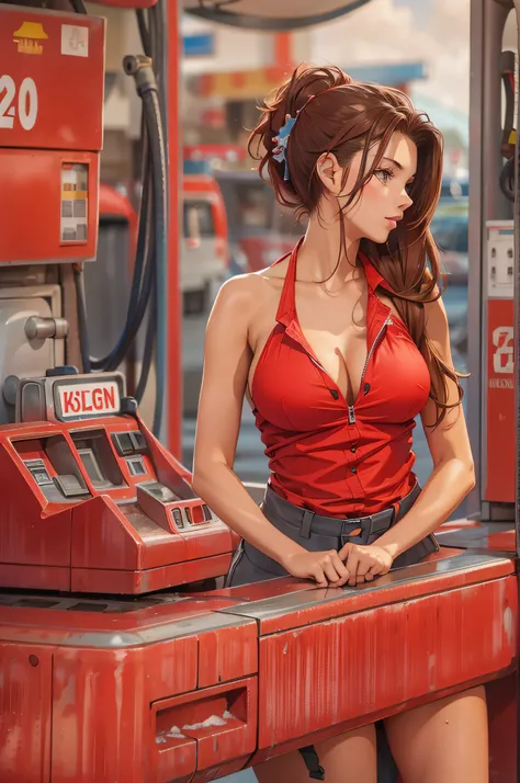 Brown-haired, up-style gasoline goddess working part-time at a gas station - SeaArt AI