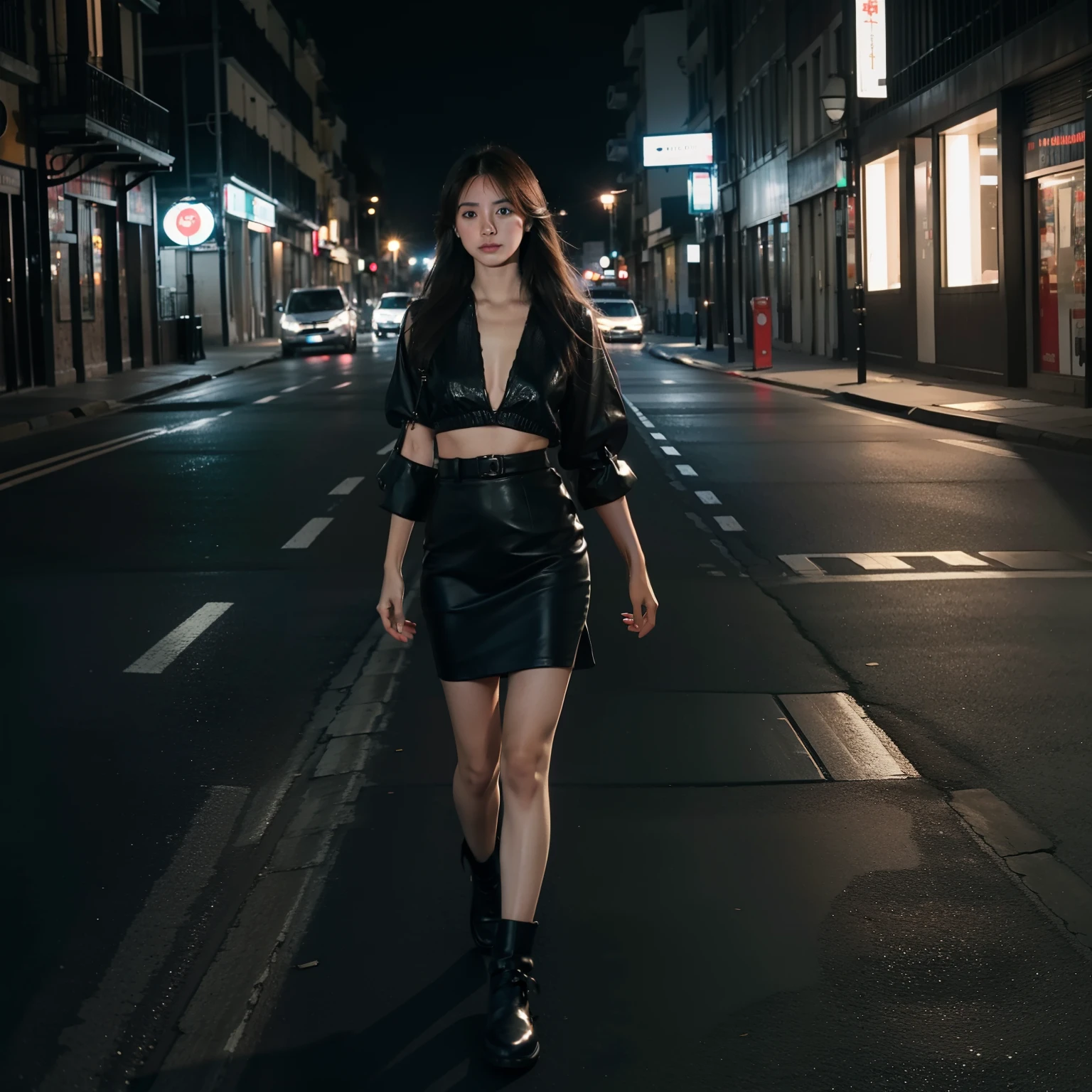 Araffe woman walking down a street at night in a black outfit - SeaArt AI