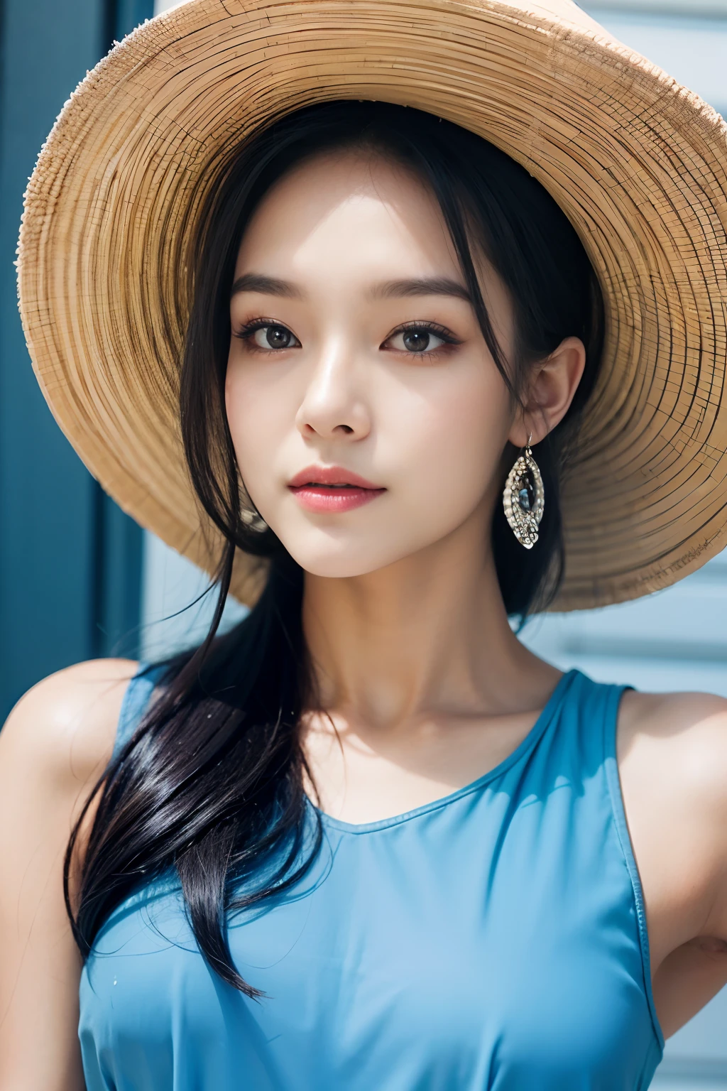A woman wearing a straw hat and blue dress posing for a picture - SeaArt AI