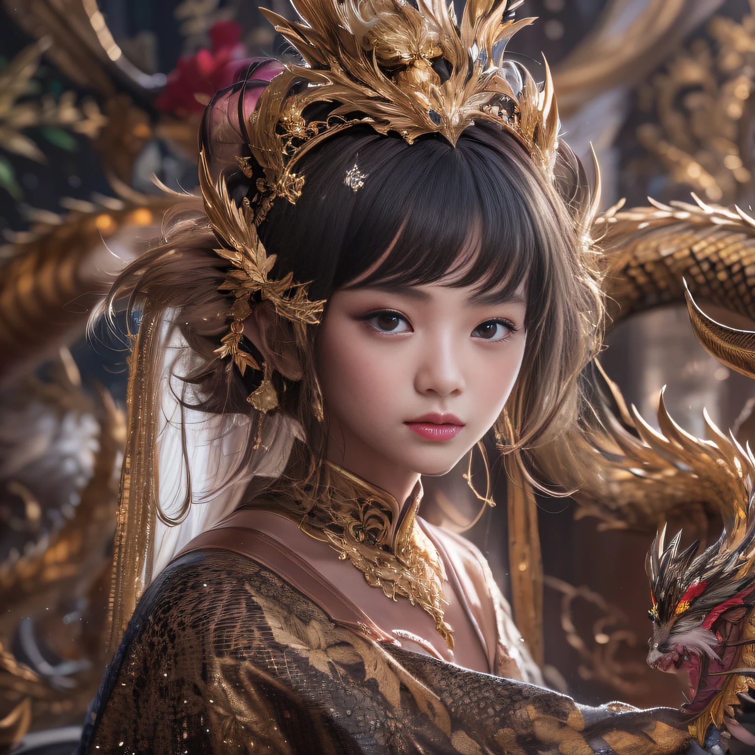 Arafed asian woman in a golden dress with a dragon - SeaArt AI