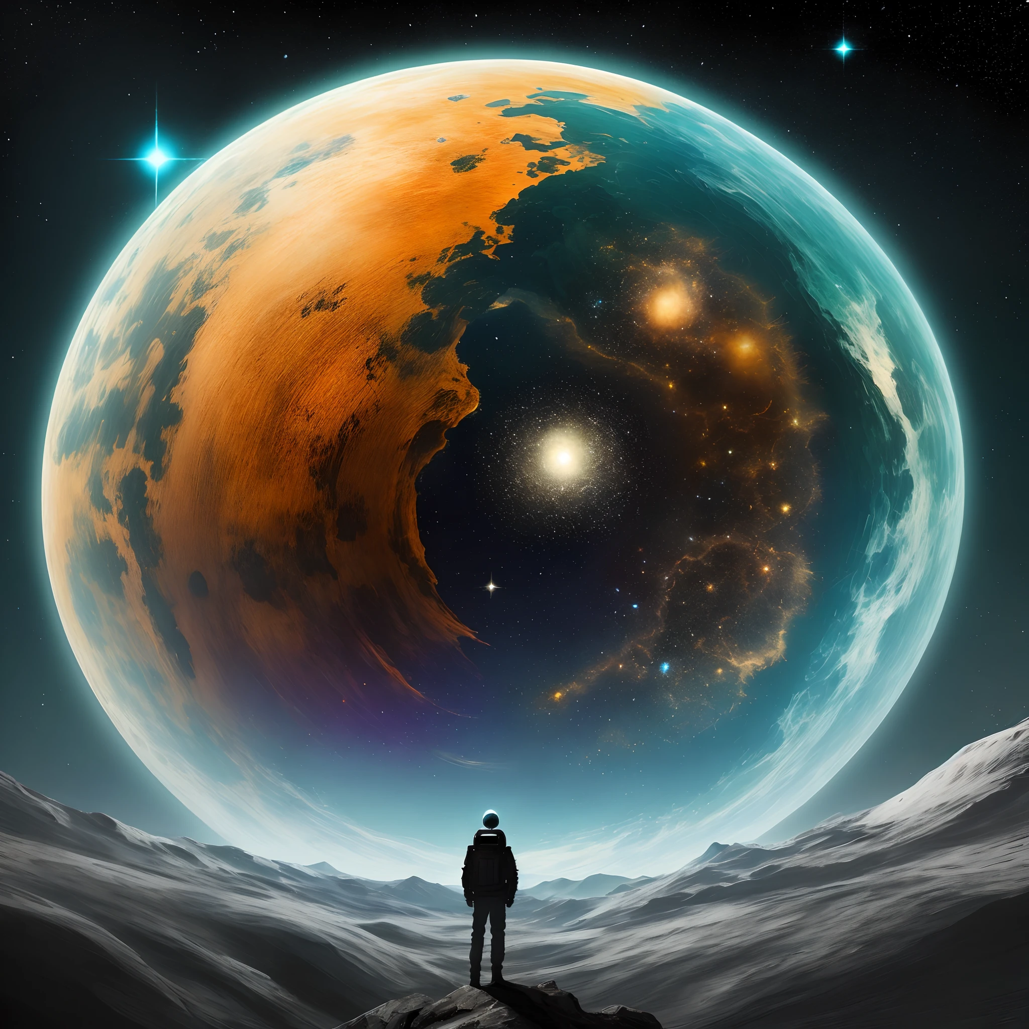 A man standing on a mountain looking at a planet with a star in the background - SeaArt AI