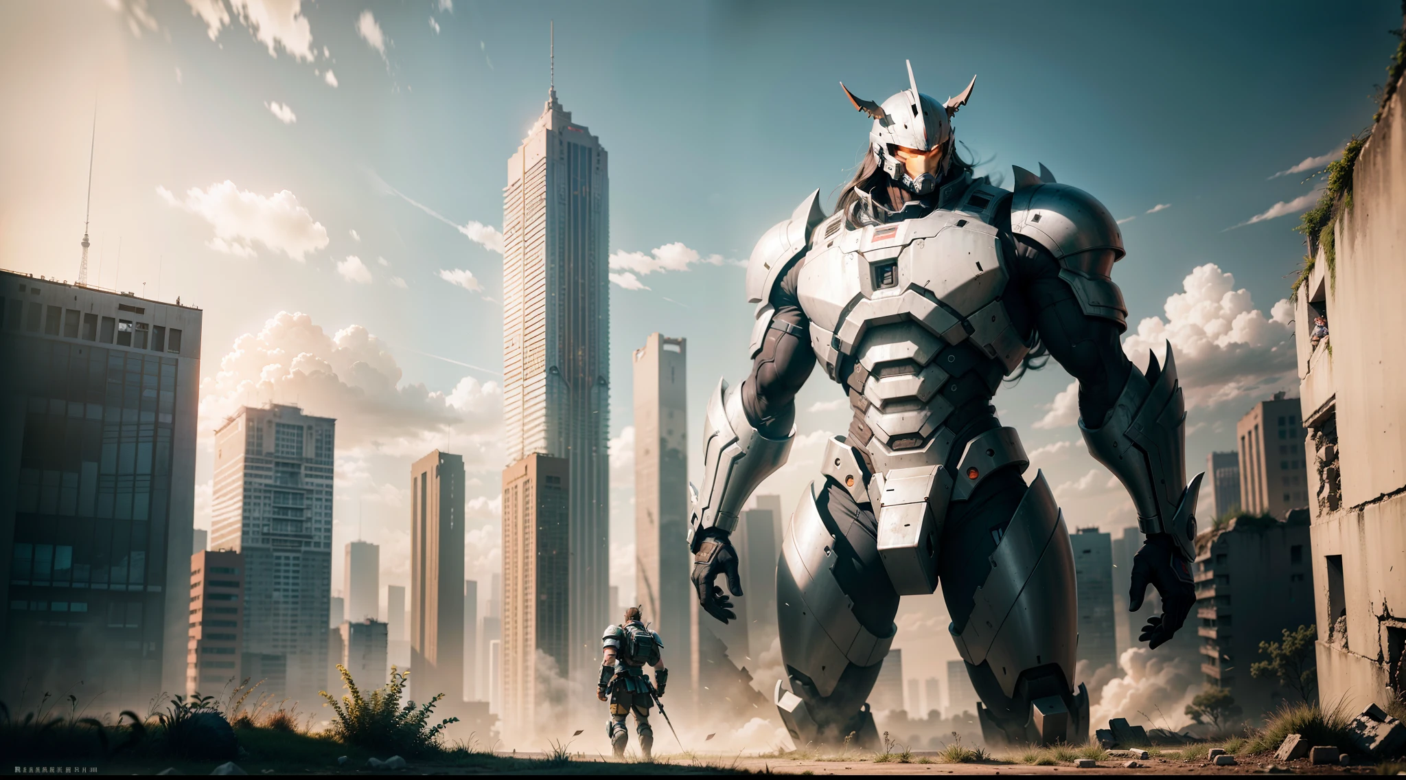 A close up of a robot standing in front of a city - SeaArt AI