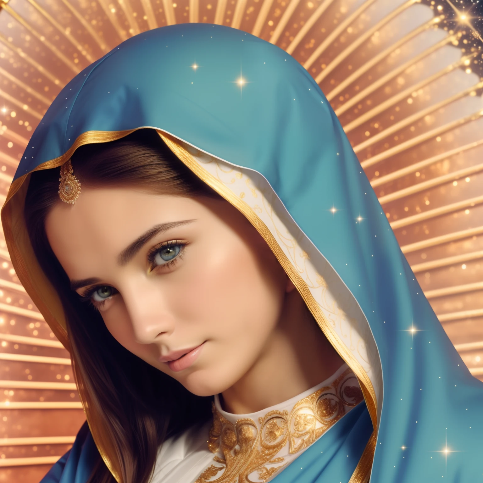 A woman in a blue robe with a gold halo - SeaArt AI