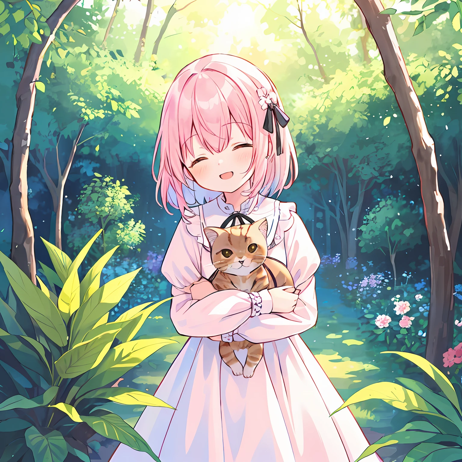 Anime girl holding a cat in a garden with trees and flowers - SeaArt AI