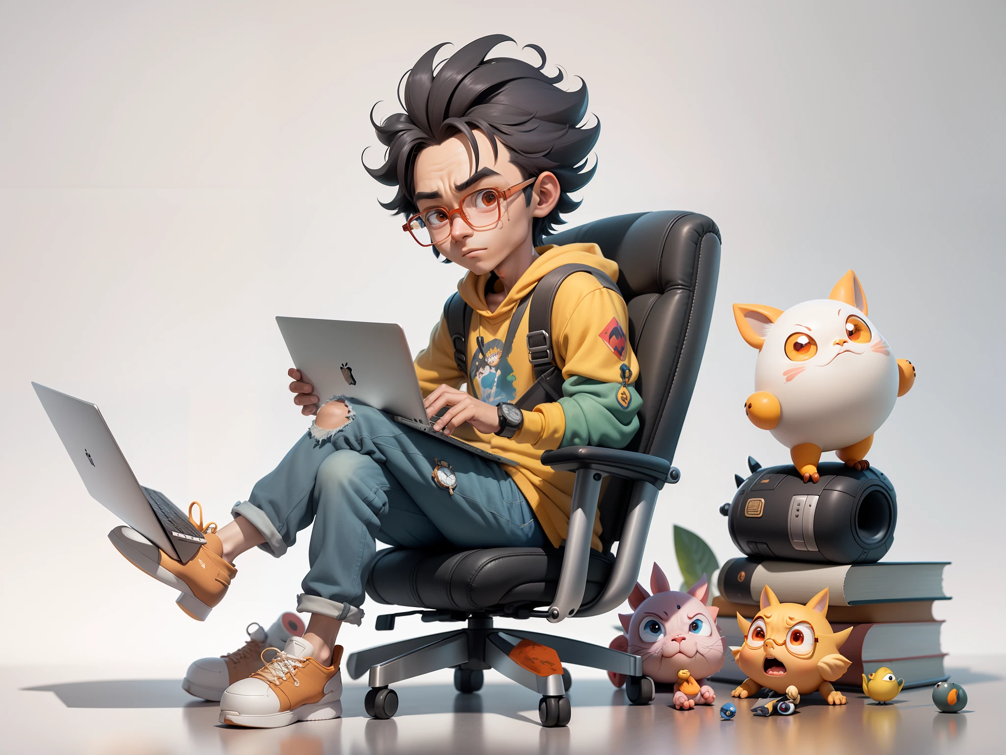 Anime figurines of a man sitting in a chair with a laptop - SeaArt AI
