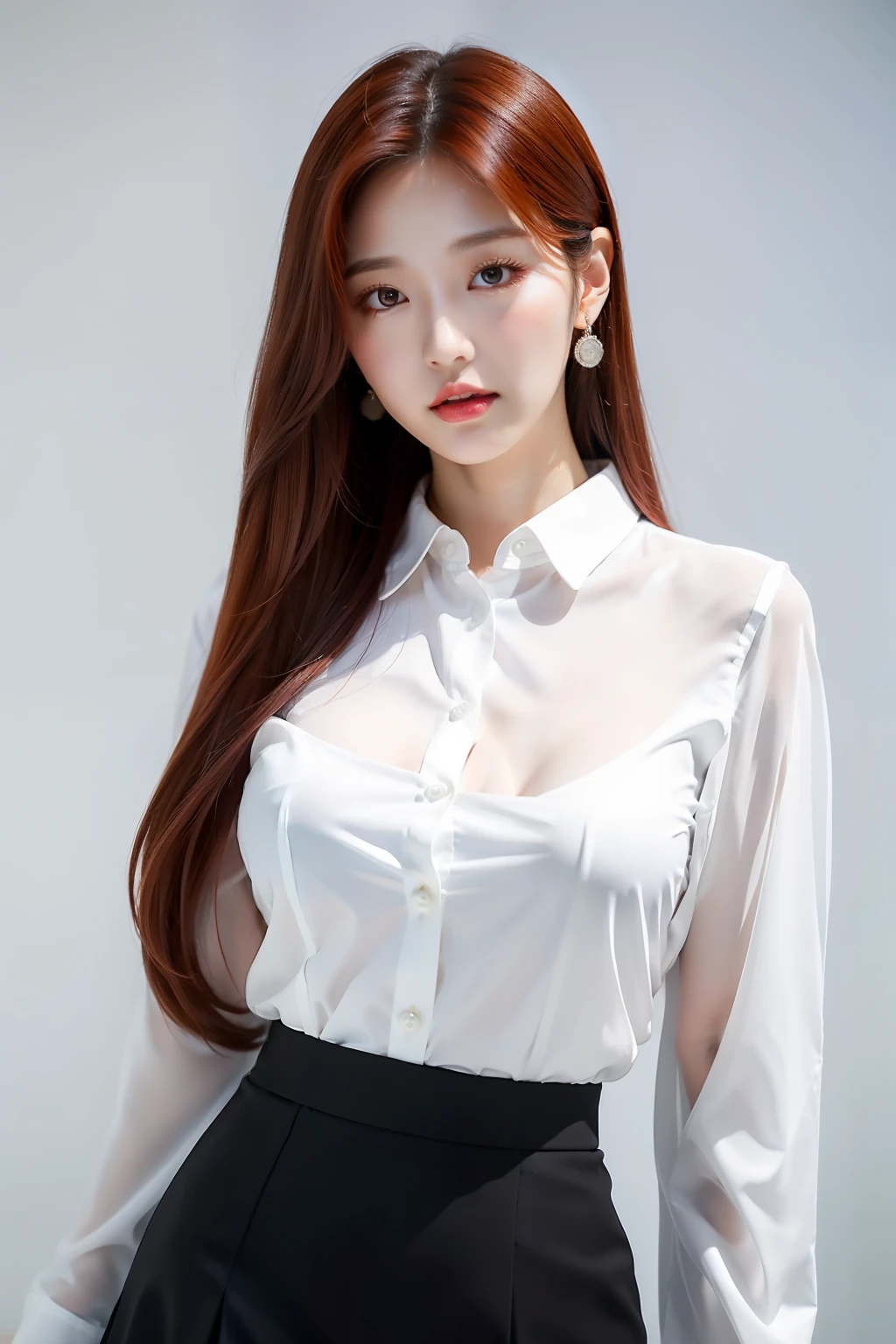 A woman with long red hair wearing a white shirt and black skirt - SeaArt AI