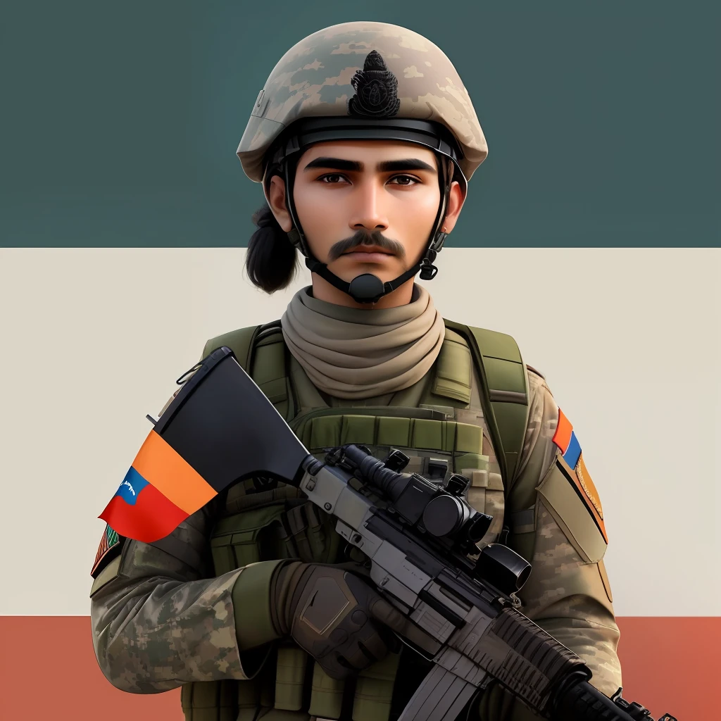 A close up of a soldier with a rifle and a flag - SeaArt AI