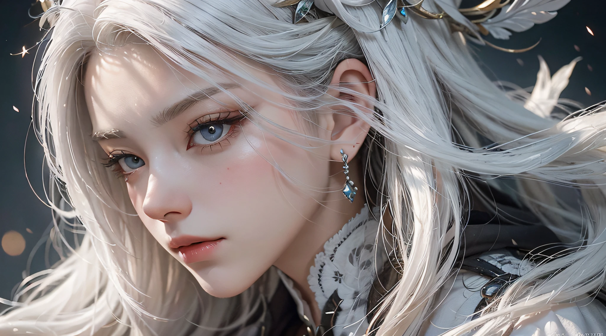 白い髪と白いマスクを持つ女性のクローズアップ，美しいキャラクターの絵，本来の神，Guviz スタイルのアートワーク，白髪の神様，リネット，壮大で美しいキャラクターアート，素晴らしいキャラクター ...