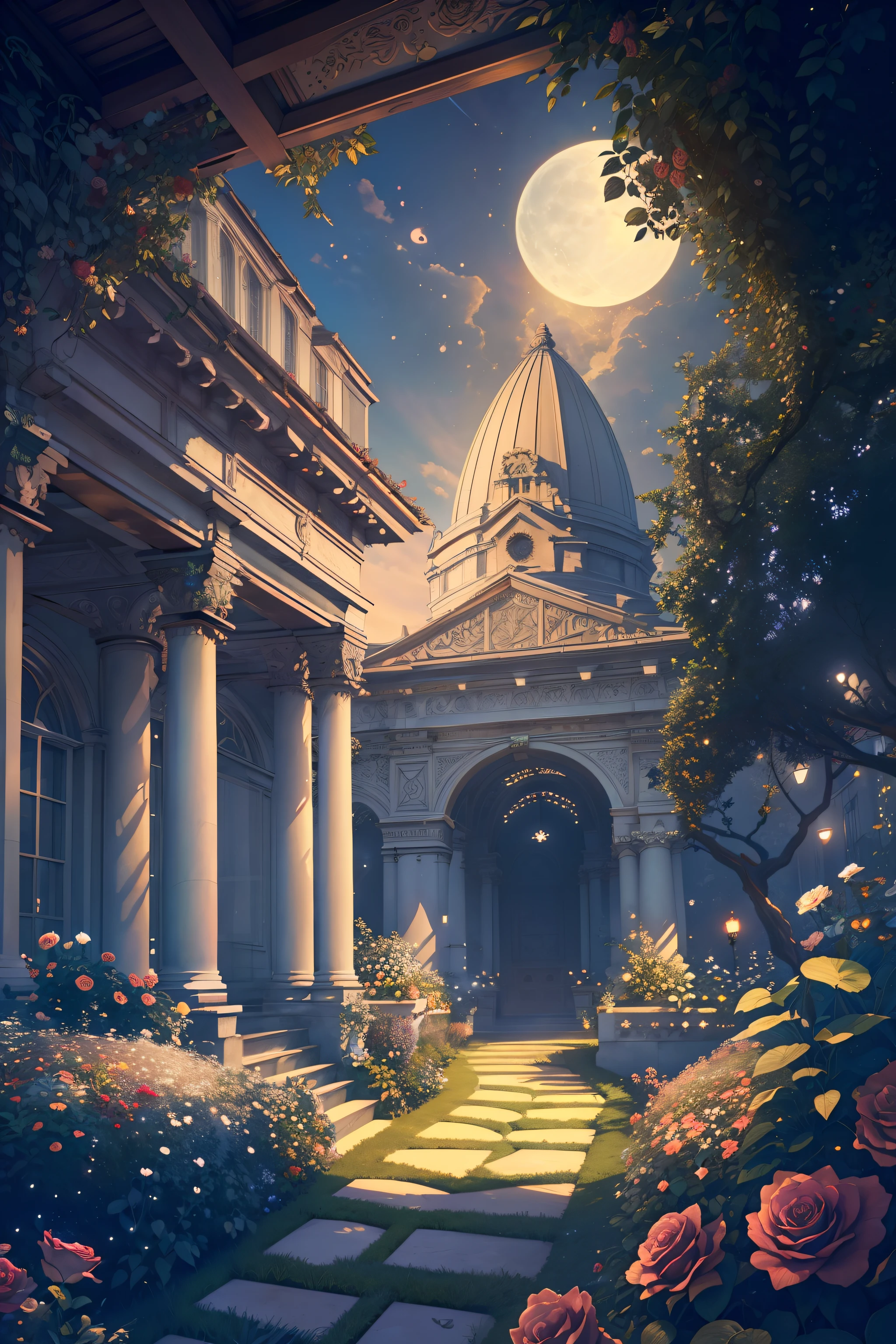 A painting of a building with a clock tower and a garden - SeaArt AI