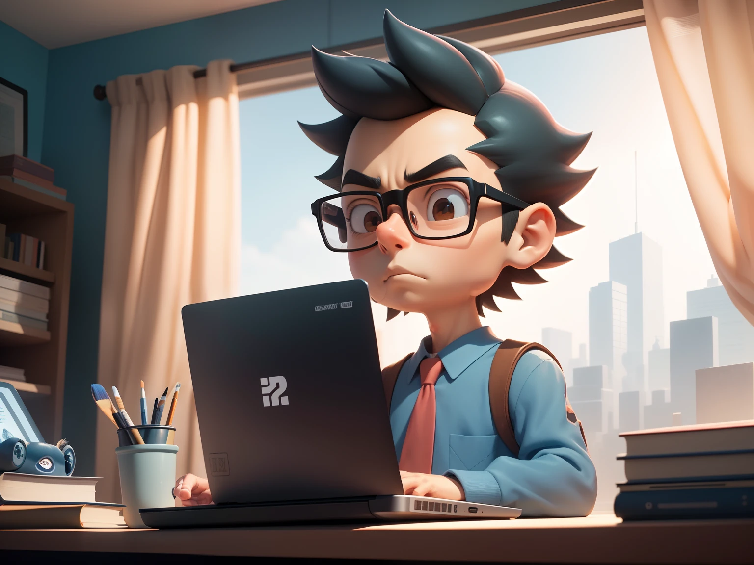 Cartoon character sitting at a desk with a laptop computer - SeaArt AI