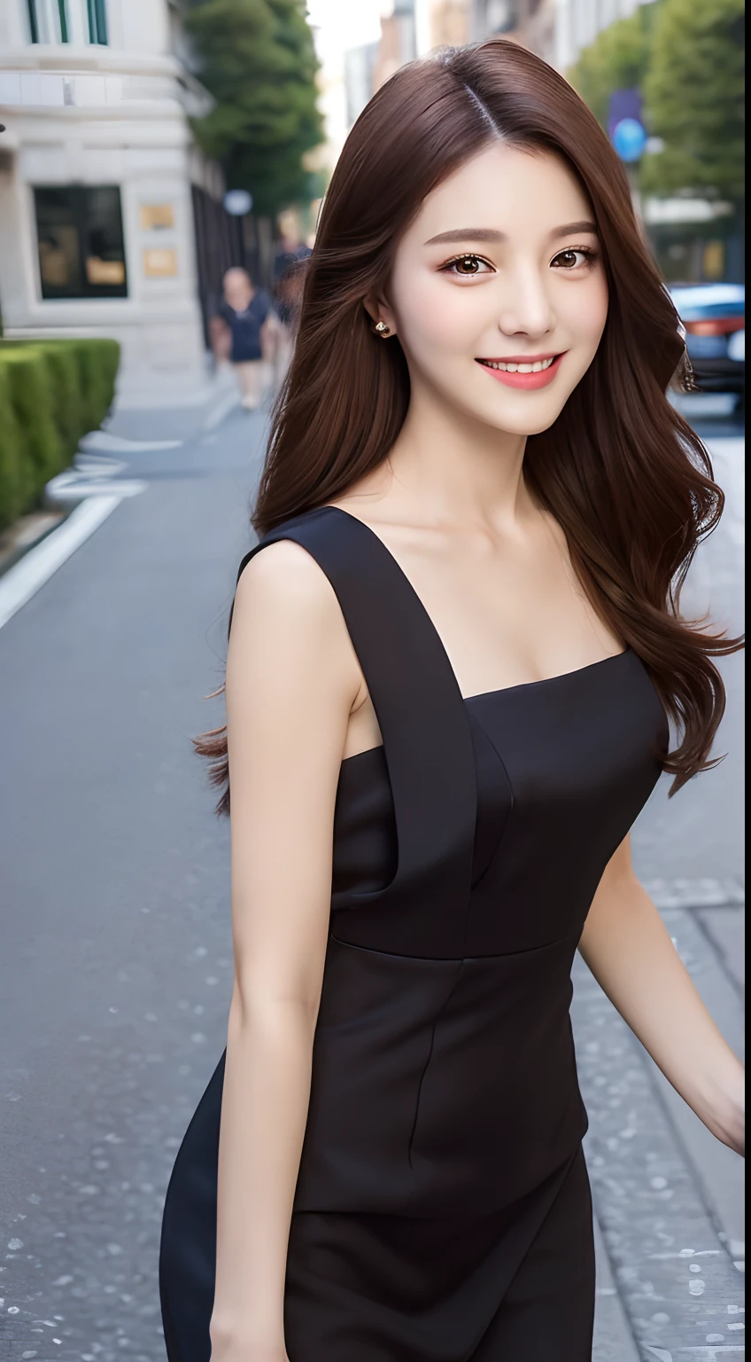 Mujer asiática Araffe con un vestido negro caminando por una calle - SeaArt AI