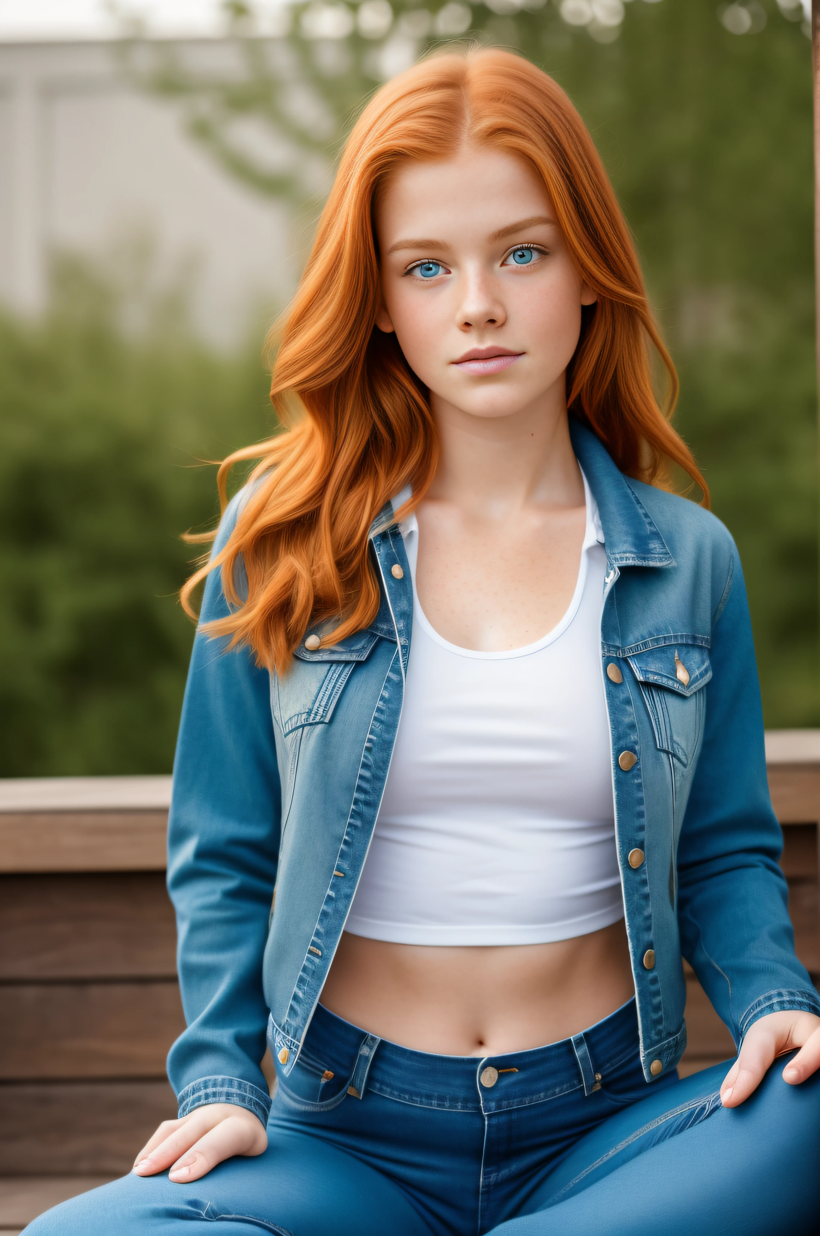 A close up of a woman with red hair and blue jeans - SeaArt AI