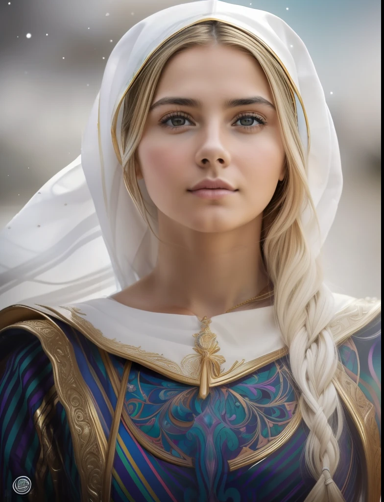 A woman in a blue dress and a white headdress - SeaArt AI