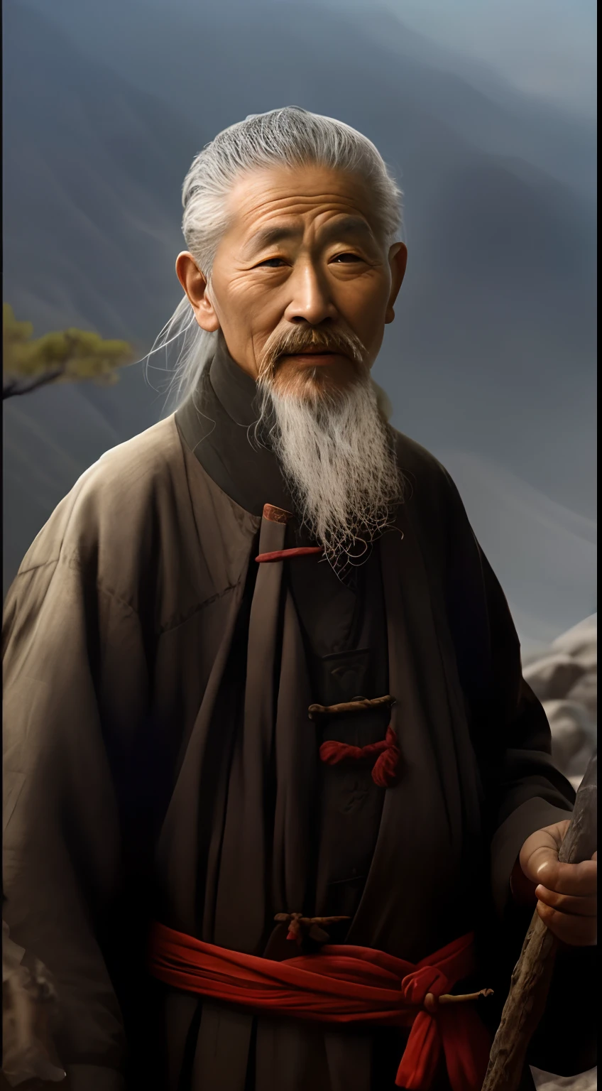 An Araved man with a long white beard and a stick, Taoist, Wise old man, Taoist master, inspired ...