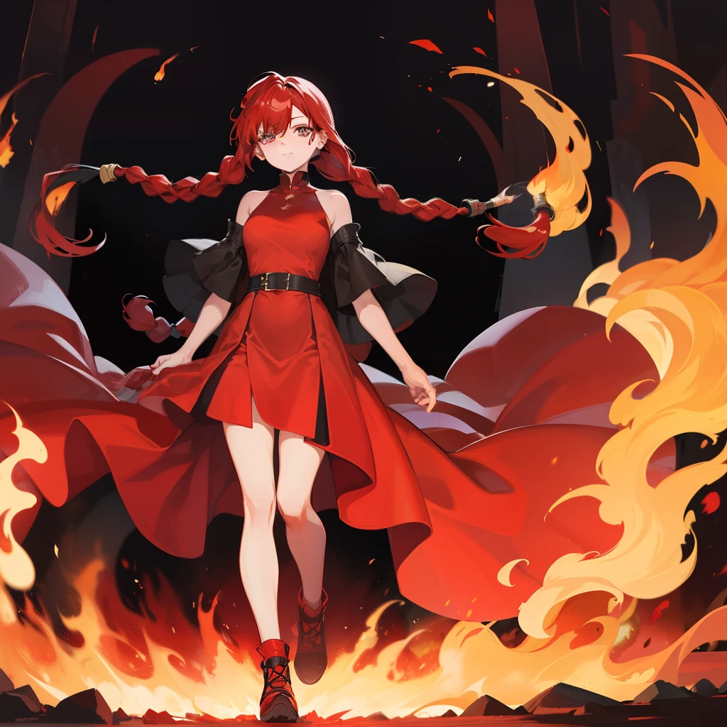 Anime girl in red dress standing in front of fire - SeaArt AI