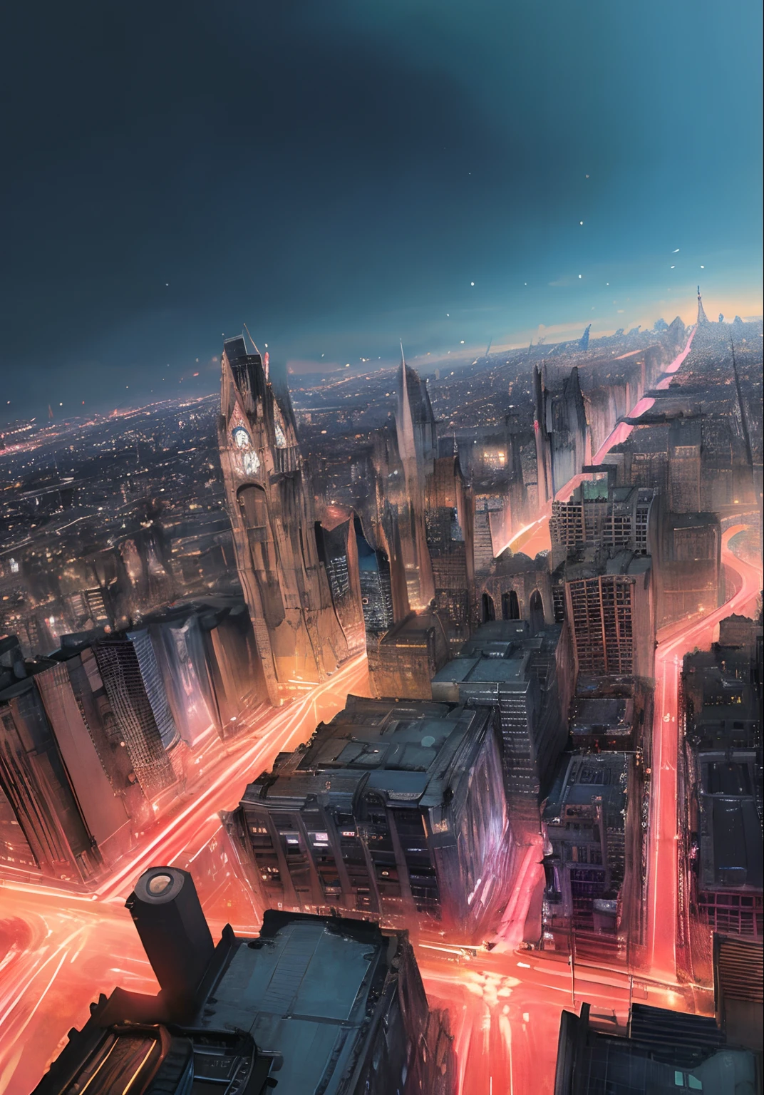 Arafed view of a city at night with a clock tower - SeaArt AI