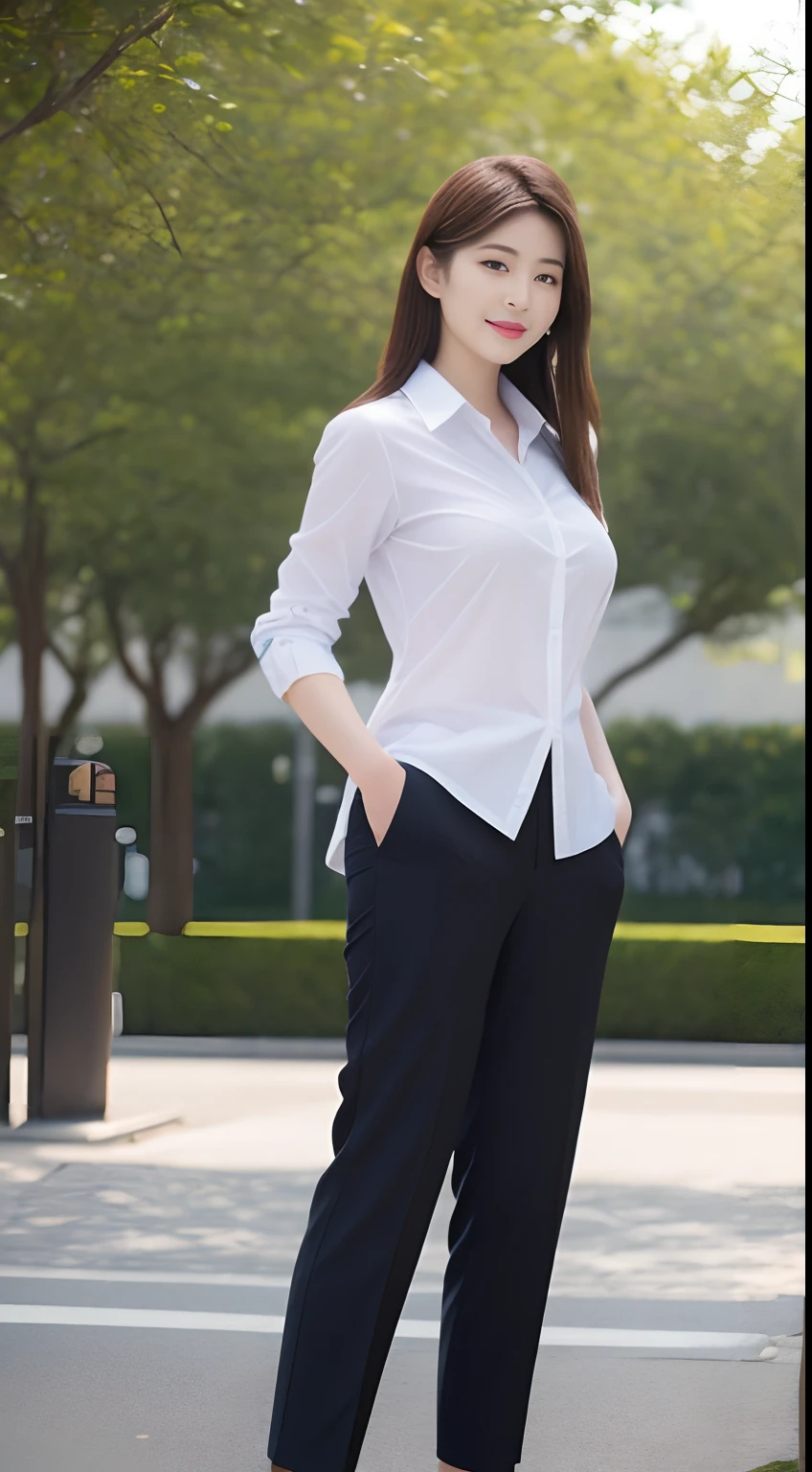 Arafed woman in a white shirt and black pants posing for a picture - SeaArt AI