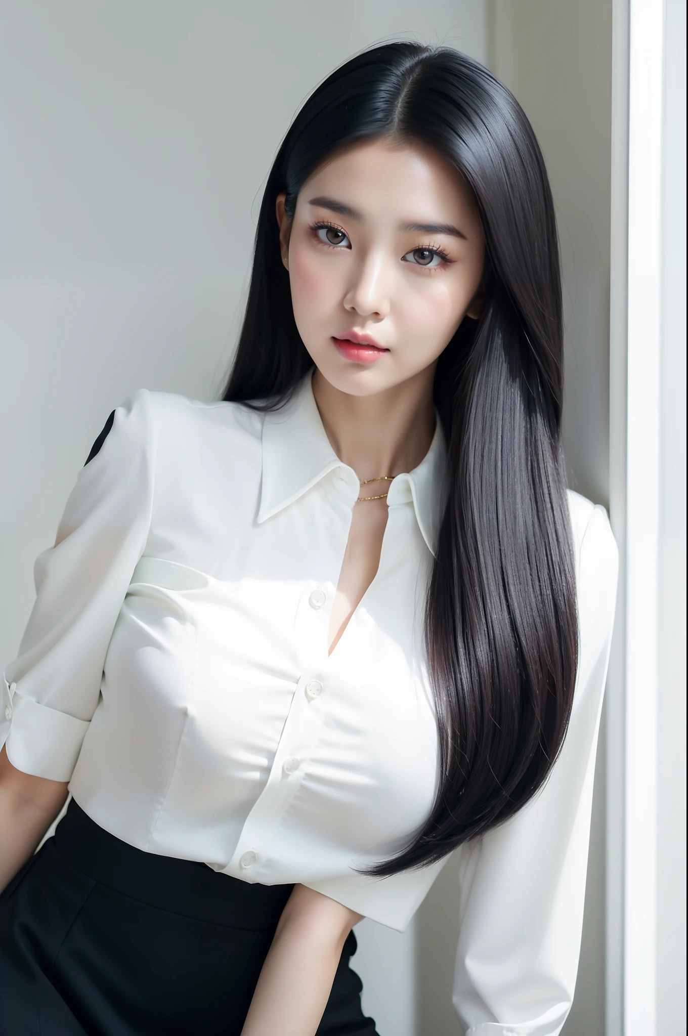arafed asian woman in a white shirt and black skirt posing for a picture, jaeyeon nam, gorgeous ...
