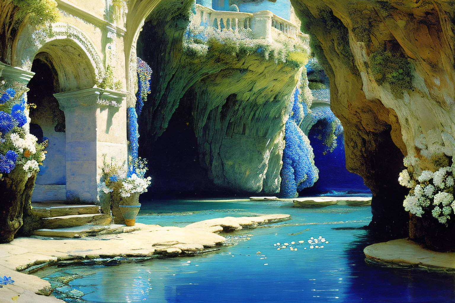Painting of a beautiful garden with a waterfall and a castle - SeaArt AI