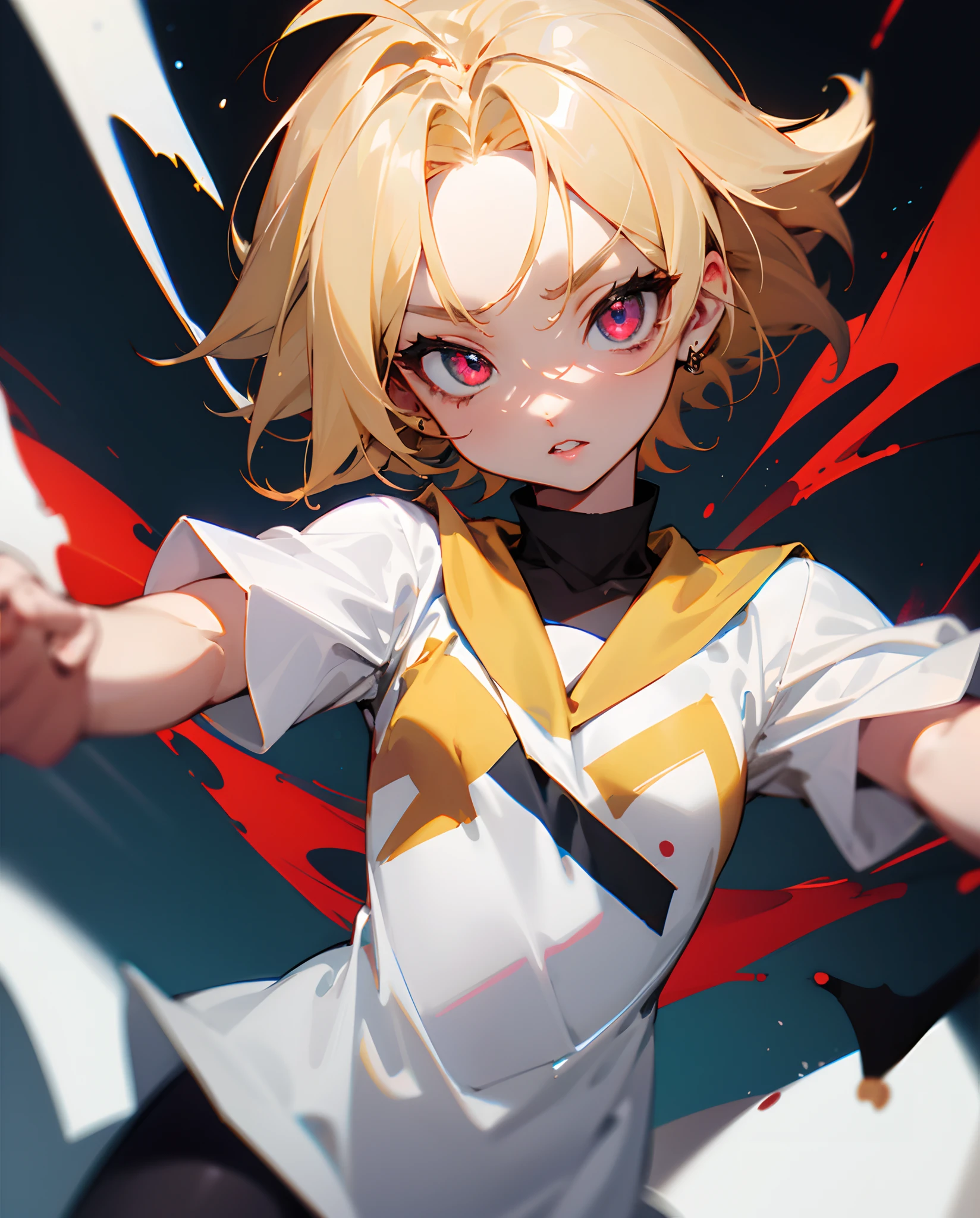 فتاة انمي شعر ابيض عيون حمراء وجه هادئ ملابس سوداء Seaart Ai