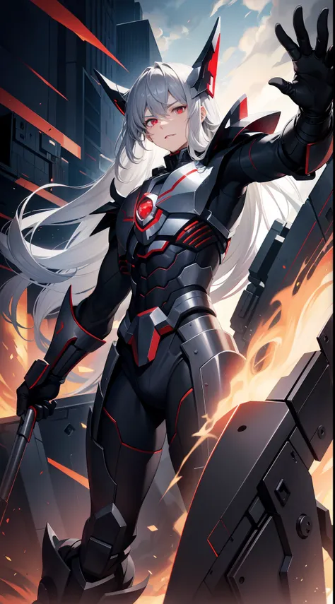 young boy, long gray hair, red eyes, The Iron Mantle of Cybertron, open ...