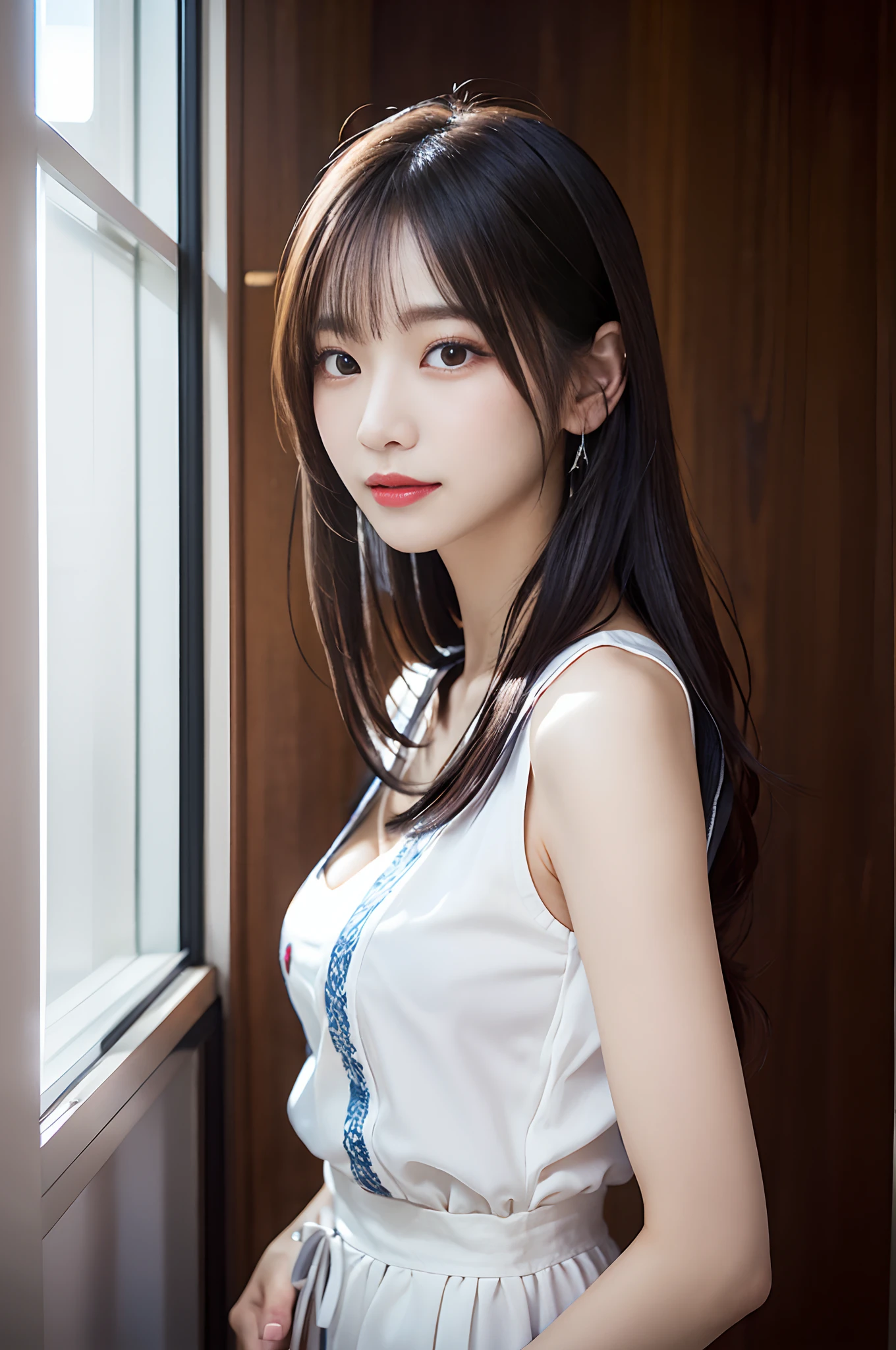 Mulher asiática em arafê com vestido branco em frente à janela, (((teta enorme))), linda jovem ...