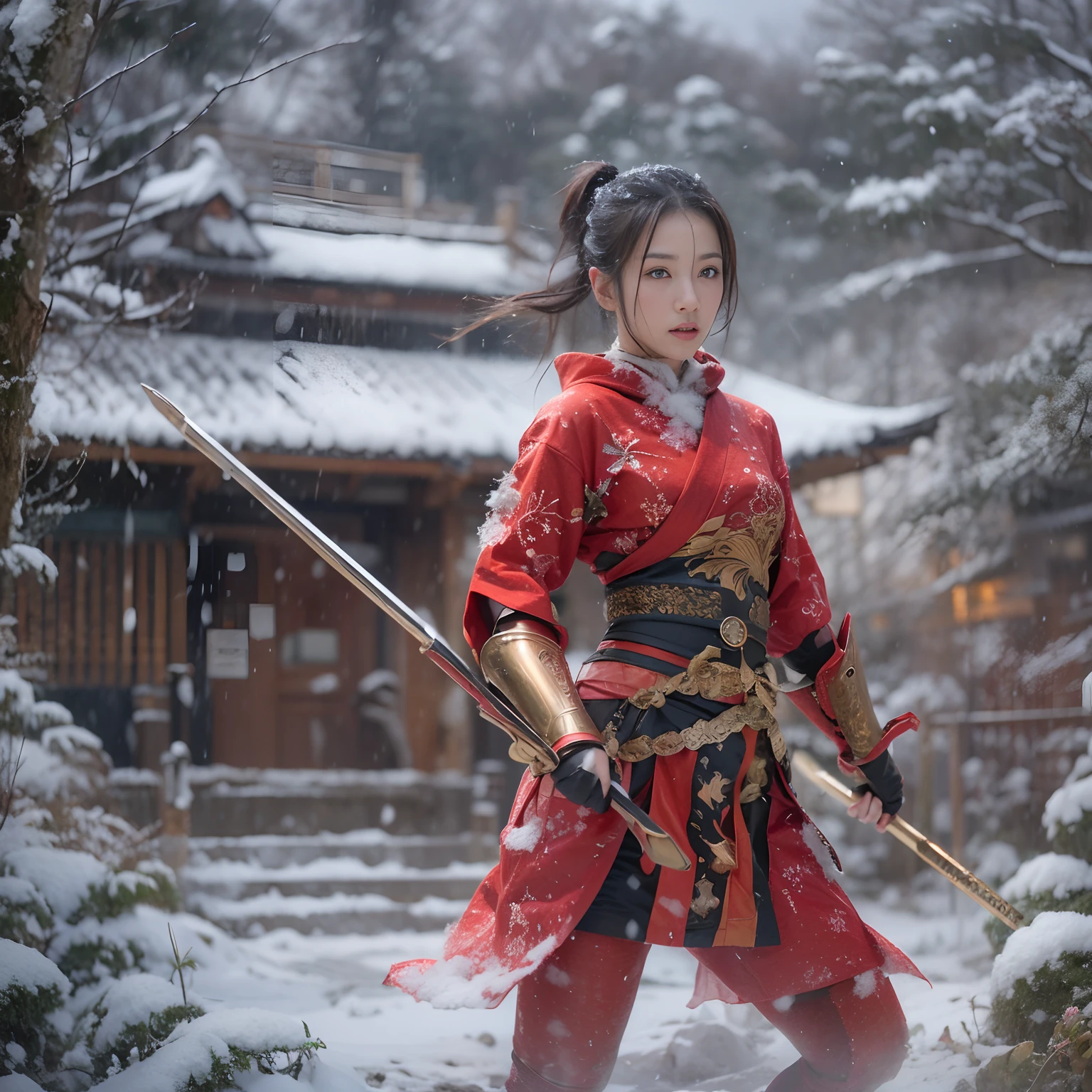 Woman in red and gold outfit holding a sword in snow - SeaArt AI