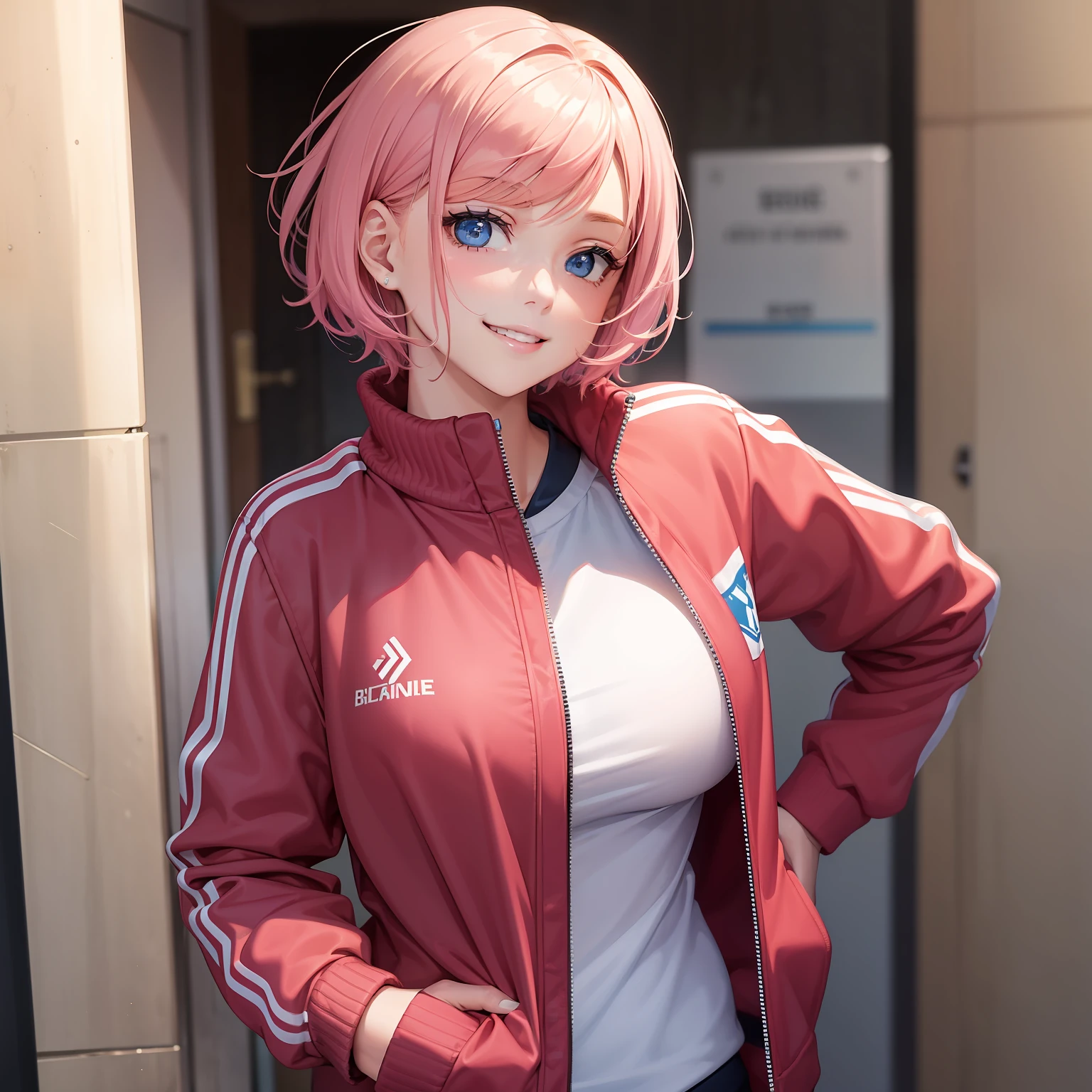 Arafed woman in a pink jacket and white shirt posing for a picture - SeaArt AI