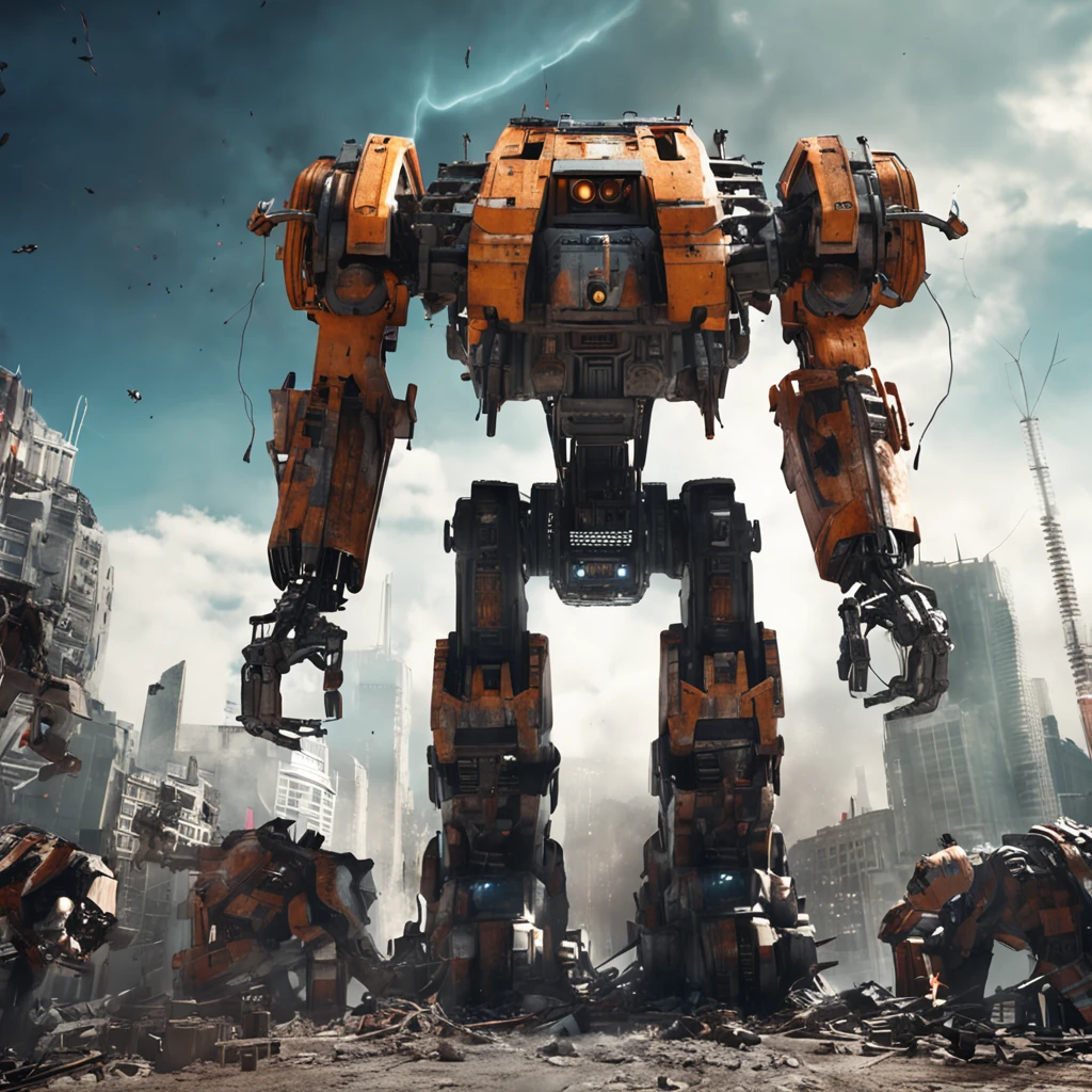 A group of robots standing in front of a city - SeaArt AI