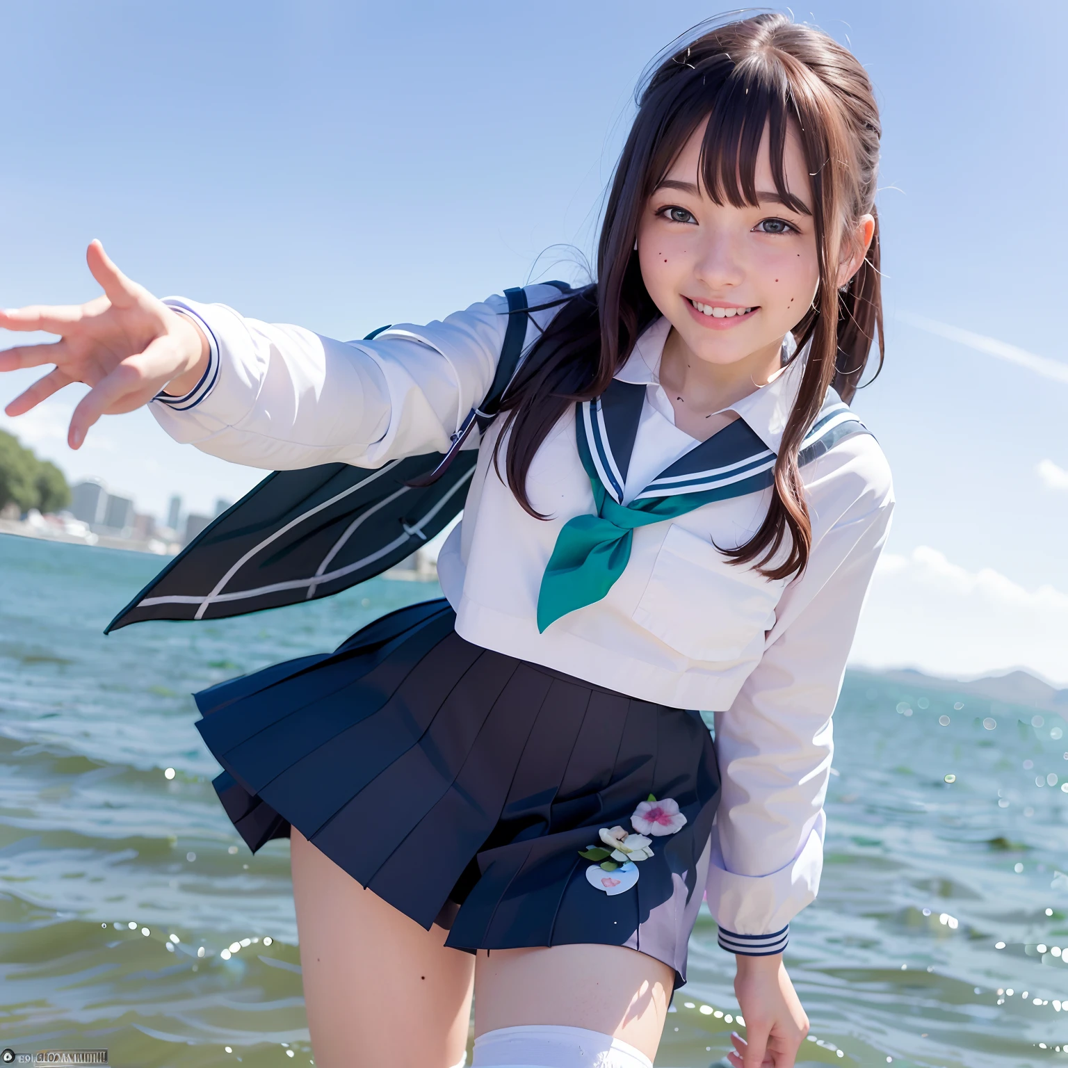 Arafed asian woman in a sailor suit posing in the water - SeaArt AI