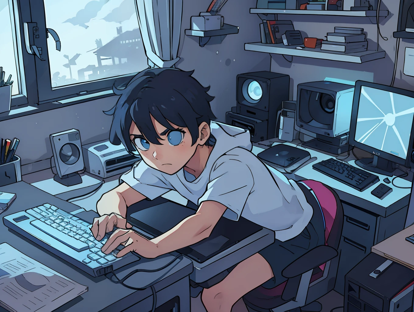 Anime boy sitting at a desk with a laptop computer - SeaArt AI