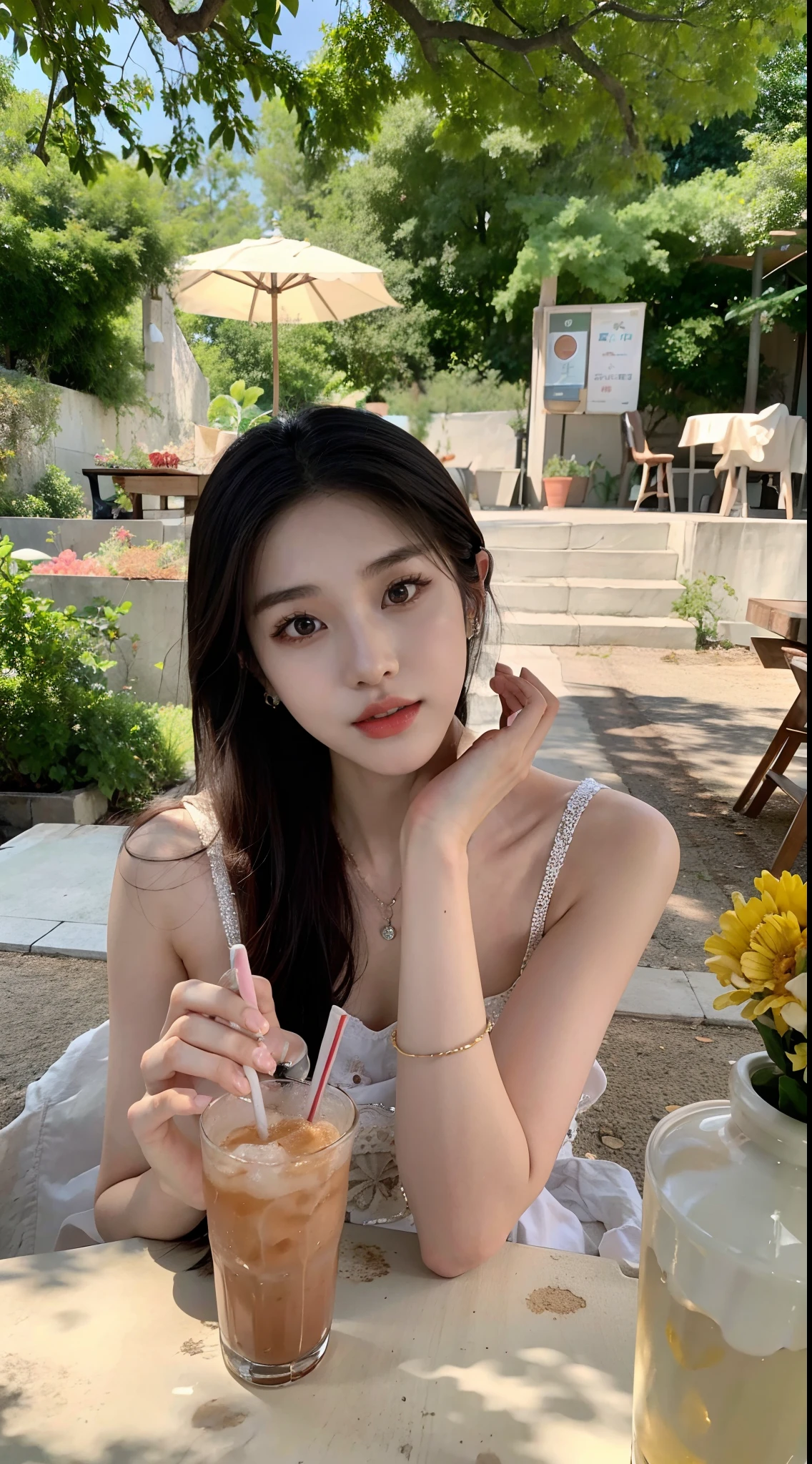 The Alafi woman sat at the table，Holding a drink in your hands, Gorgeous young Korean woman ...