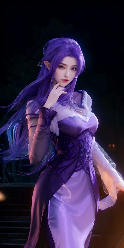 An Arad woman in a purple dress stands on the stairs, Game CG, beautiful elf with violet skin ...