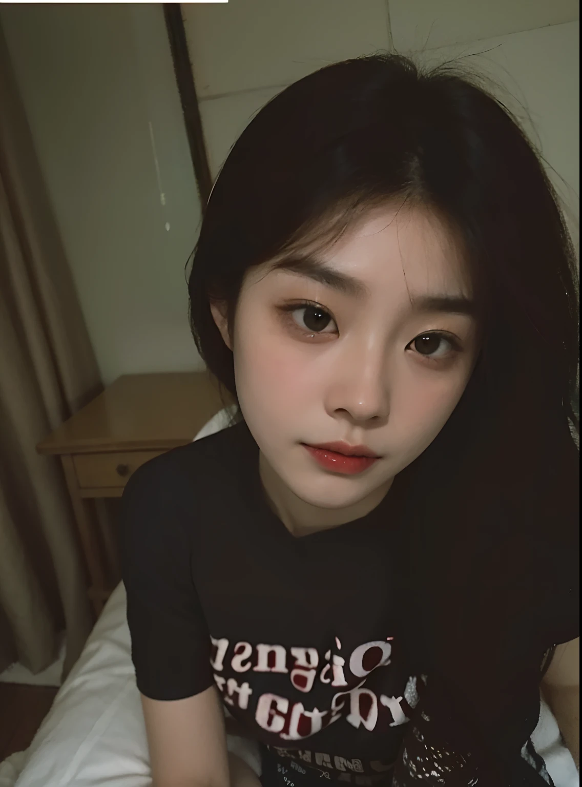 There is a woman sitting on a bed with a black shirt - SeaArt AI