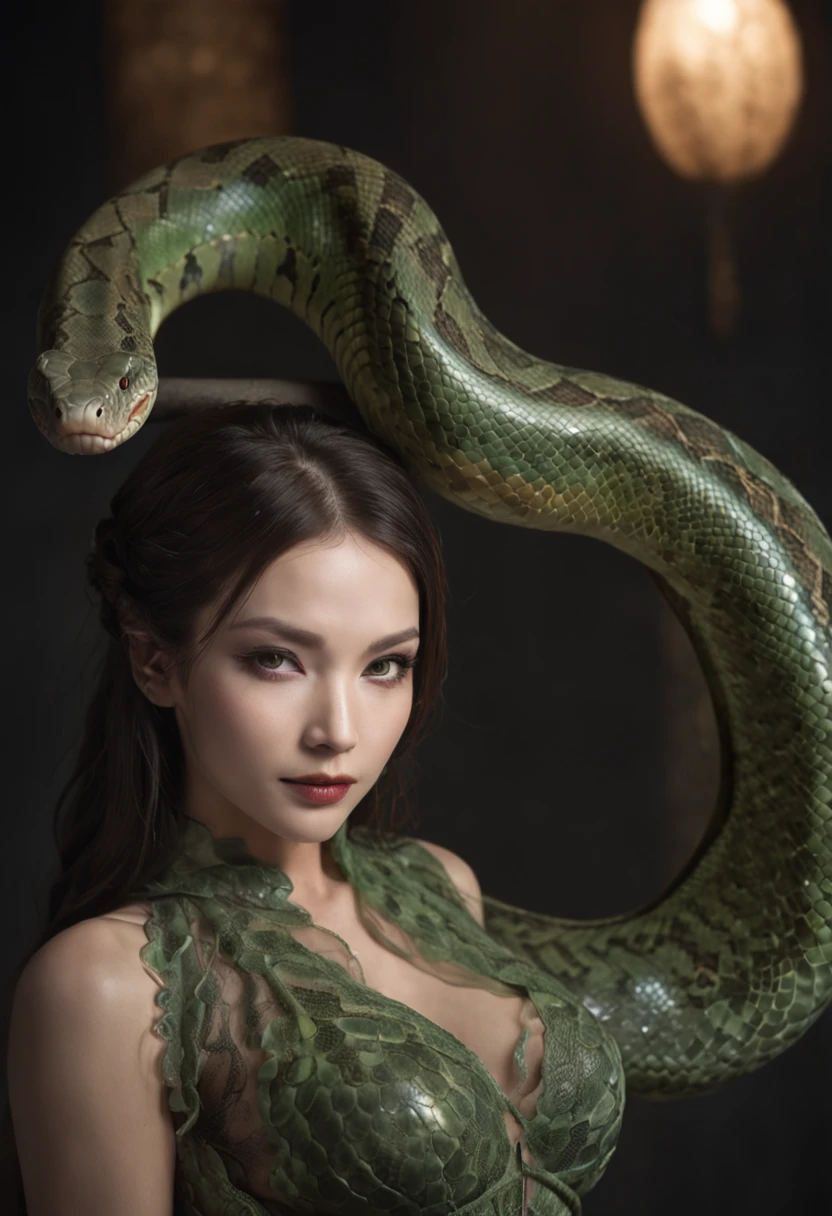 A woman in a green dress holding a snake over her head - SeaArt AI
