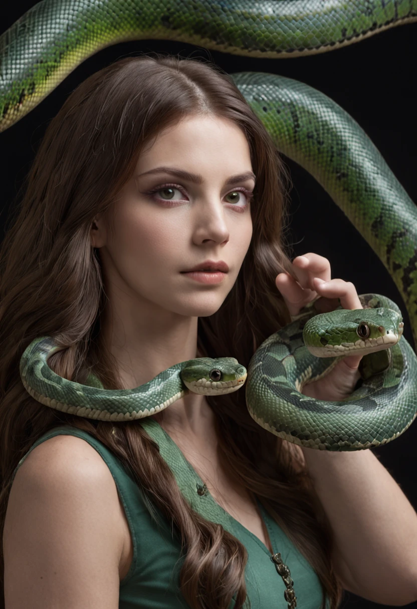 A close up of a woman holding a snake and a frog - SeaArt AI