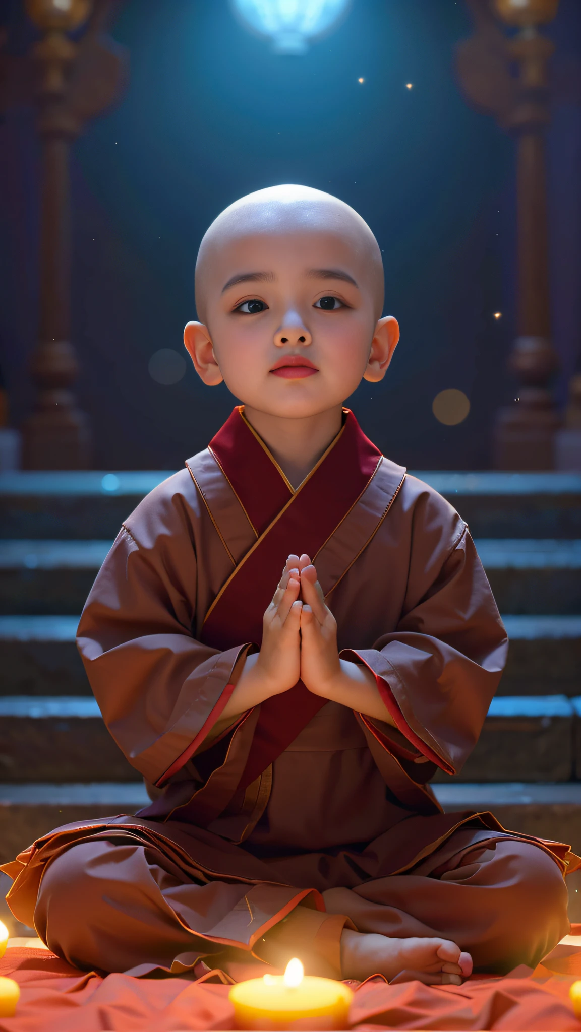 A close up of a child sitting on a bed with candles - SeaArt AI