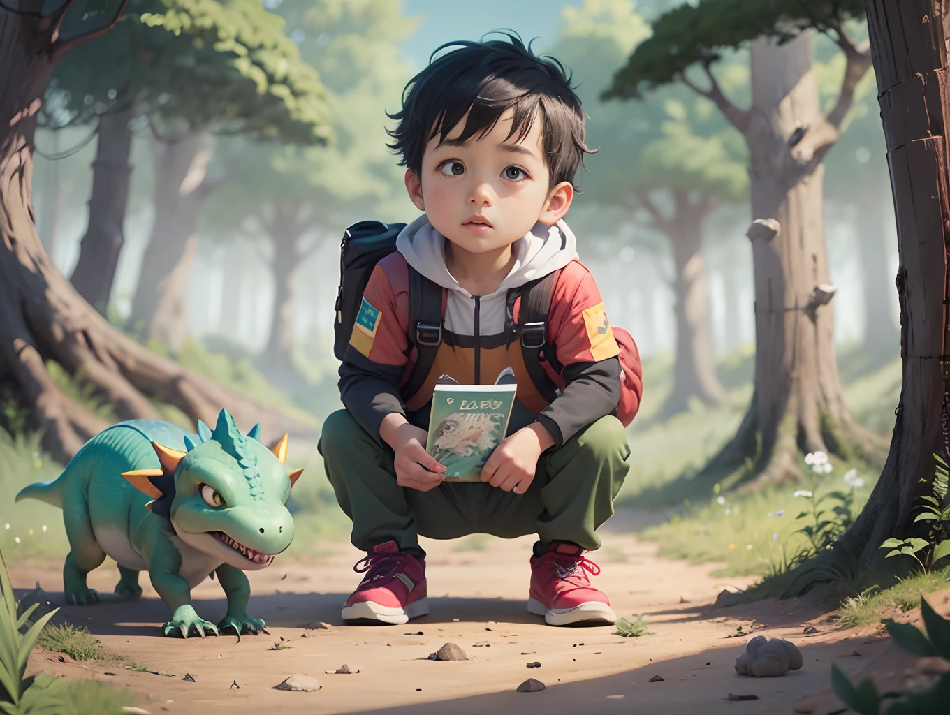 Arafed boy with backpack and toy dinosaur in a forest - SeaArt AI