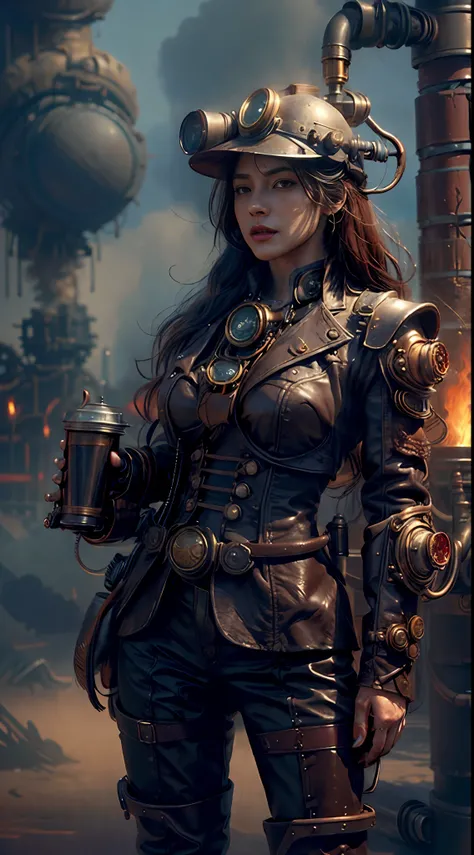 Em um mundo de fantasia steampunk, uma mulher com um estilo punk a vapor assume o centro do ...