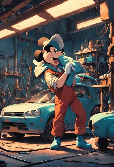 A masterpiece Mickey Mouse as a Mechanic fixing a car, perfect body ...