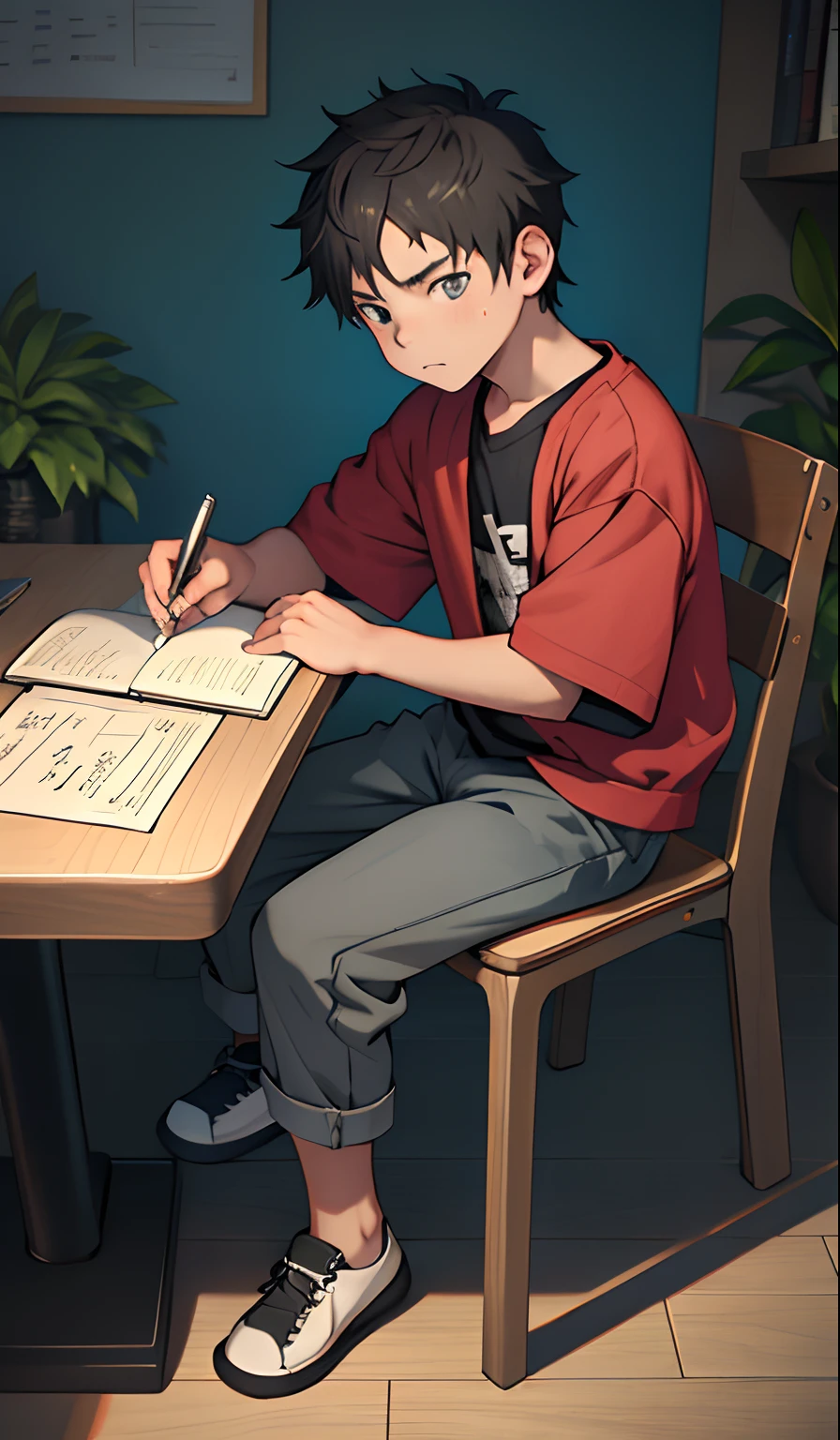 Anime boy sitting at a table writing in a notebook - SeaArt AI