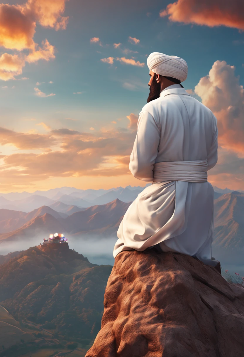 Arafed man sitting on a rock looking at the mountains - SeaArt AI