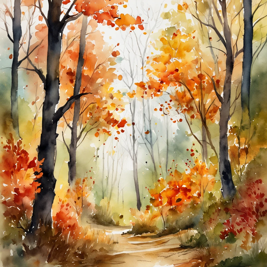 Photorealistic: An autumn forest scene with vibrant colors and falling ...