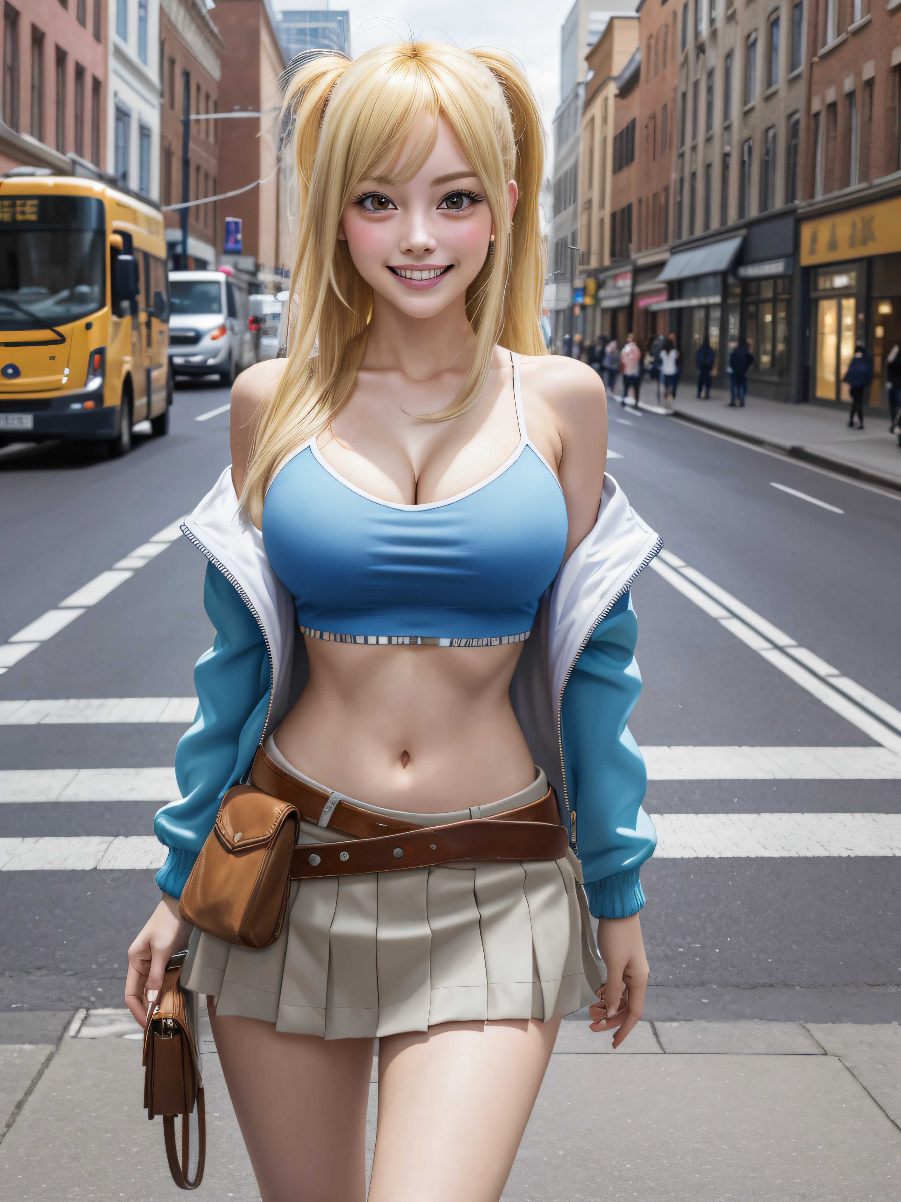 Arafed woman in a blue top and skirt walking down a street - SeaArt AI