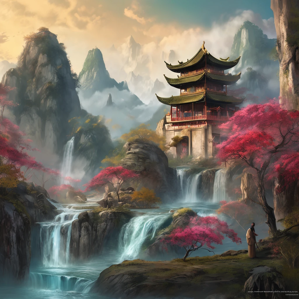 Painting of a waterfall and a pagoda in a mountainous area - SeaArt AI