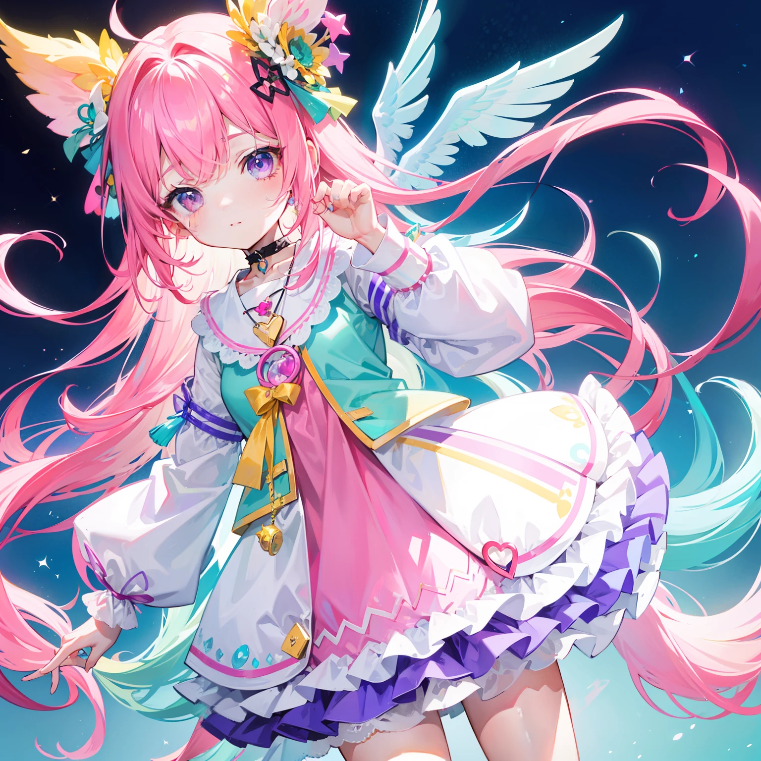 화려한 조명 배경，긴 흰머리，밝은 분홍빛이 도는 보라색의 투명한 잇몸 질감이 있습니다，핑크색、파란색과 흰색으로 착용하십시오，노란색과 녹색，청록색 어울리는 액세서리 펜던트