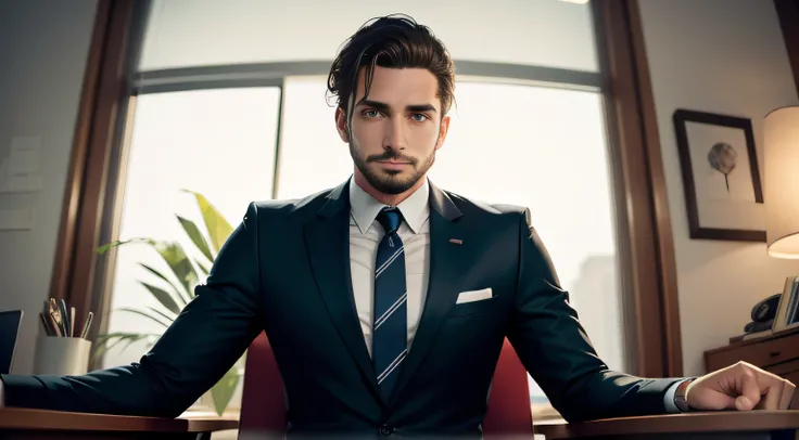 Um homem de 32 anos com terno, sentado diretamente em sua cadeira em ...