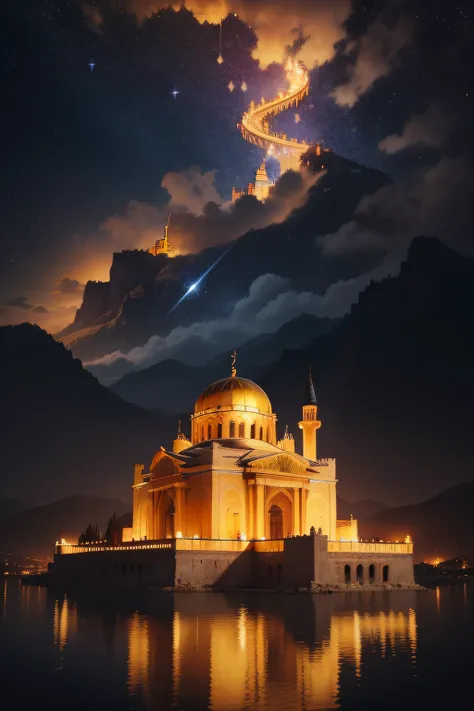 Antique architecture，babel，Mountains，the night，Stars，Castle，Golden ...