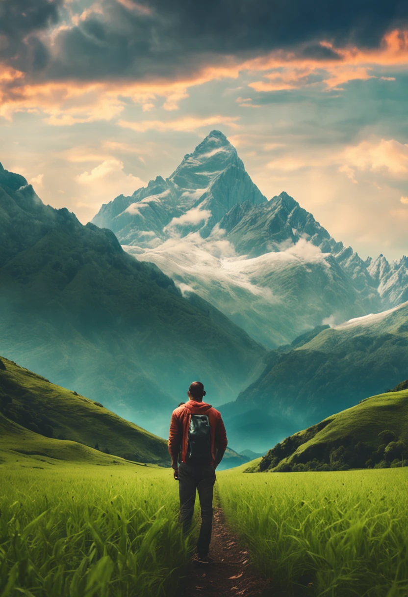 A man walking through a field towards a mountain range - SeaArt AI