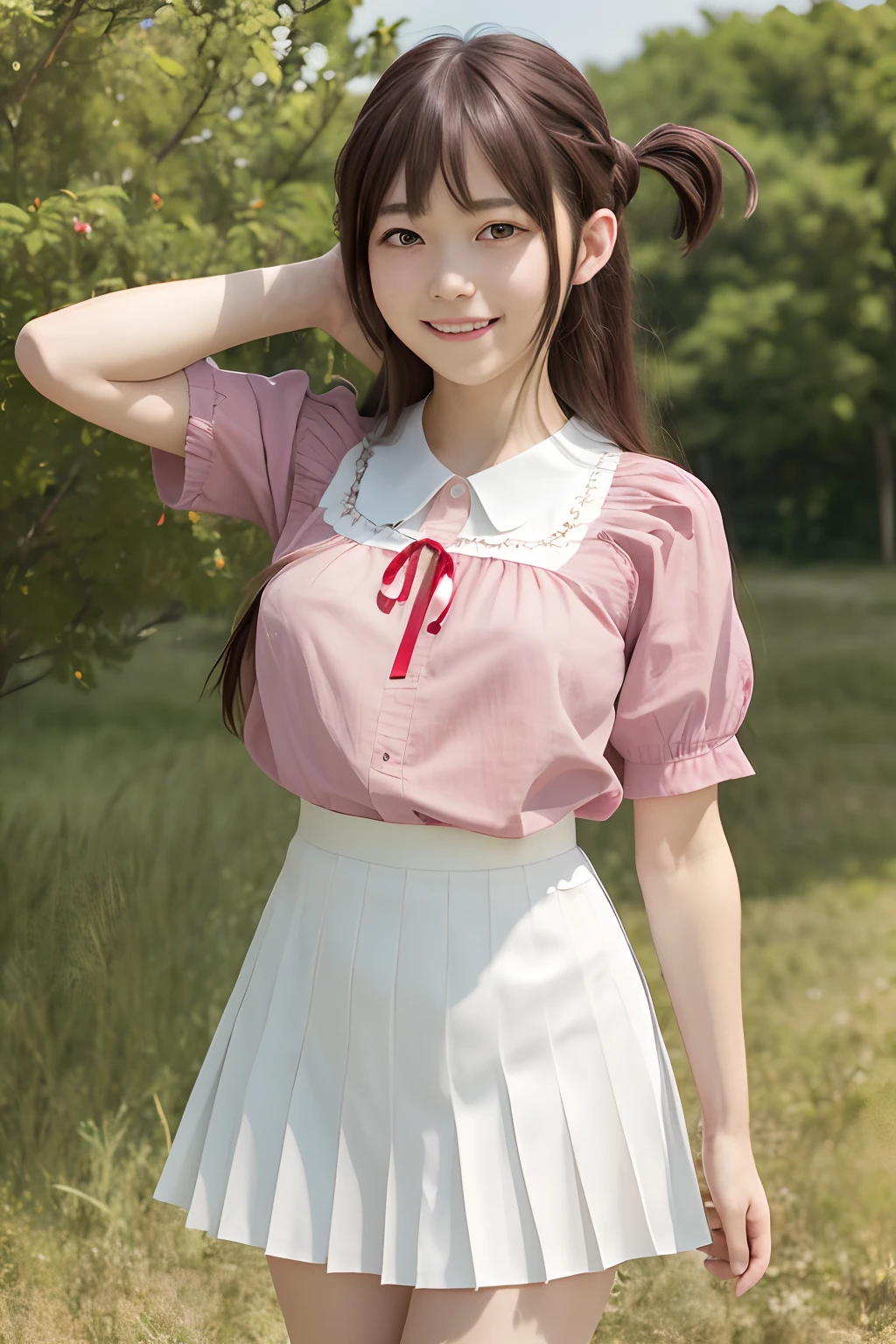 Arafed asian woman in a pink shirt and white skirt posing for a picture - SeaArt AI